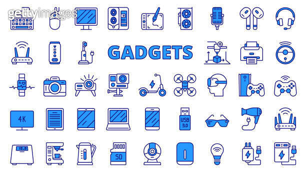 Gadgets icons in line design, blue. PC, gaming, game pad, game box ...