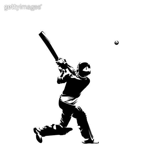 Cricket player, batsman, in action, isolated vector silhouette, side ...