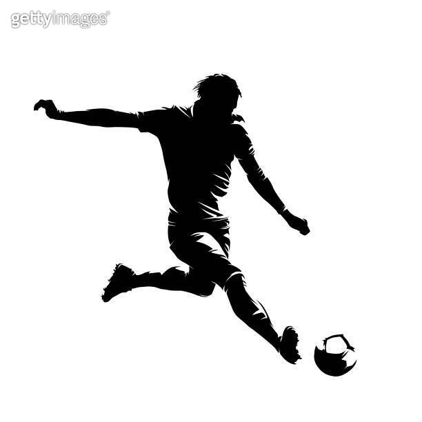 Football player kicking ball, isolated vector silhouette. Soccer logo ...
