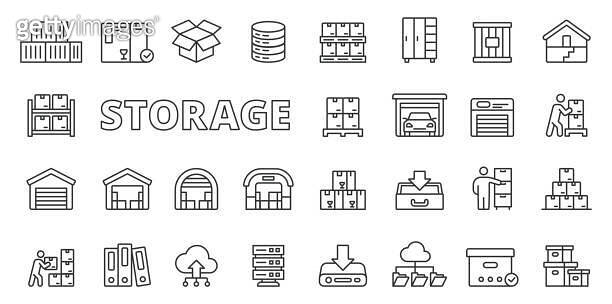 Storage icons in line design. Container, warehouse, box, pallet ...