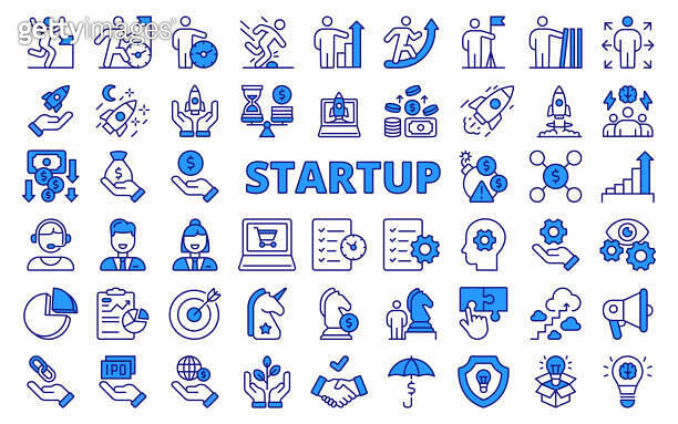 Startup icons set, in line design blue. Entrepreneurship, Innovation ...