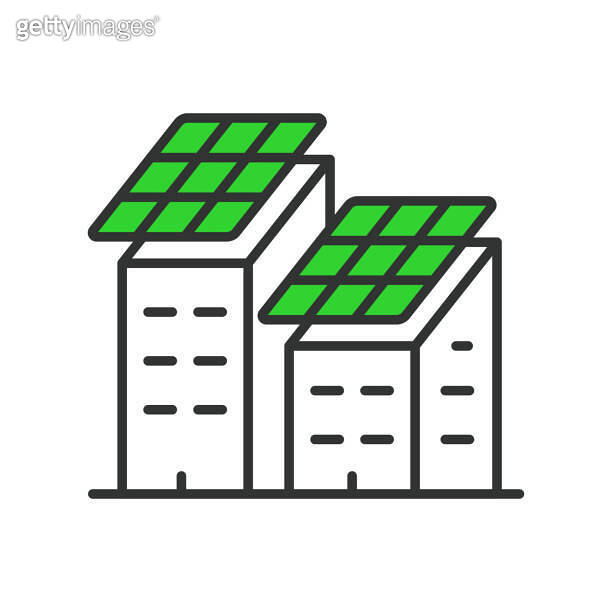 Solar panels on a building icon in line design green. Solar, panels ...