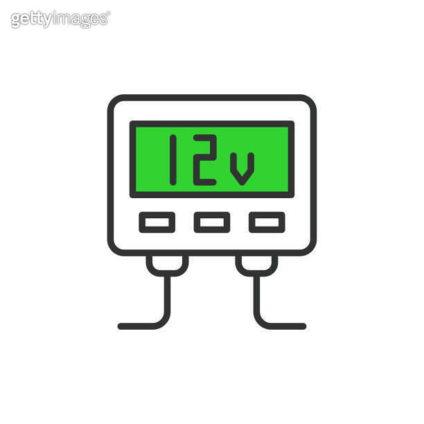 Inverter 12 - 220 V icon in line design, green. Inverter, 12V, 220V ...
