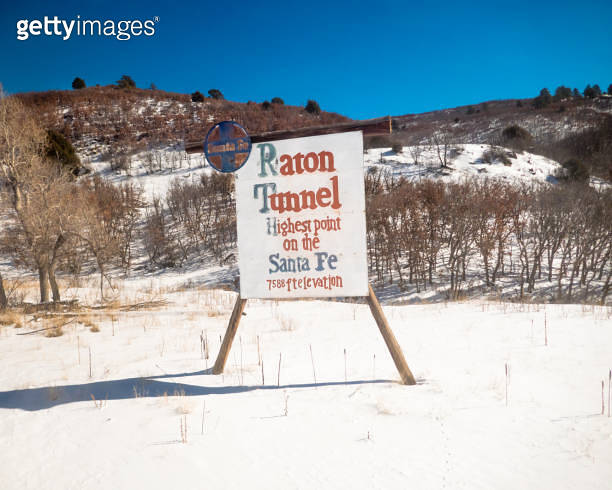 Raton Tunnel sign in snow on the Sante Fe Railroad, highest point on ...