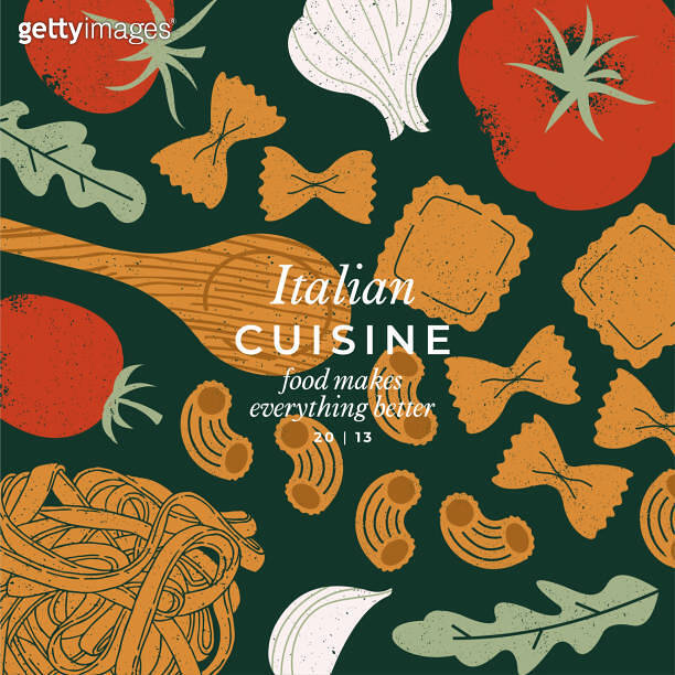 Various pasta and tomatoes with garlic and basil. Textured illustration ...