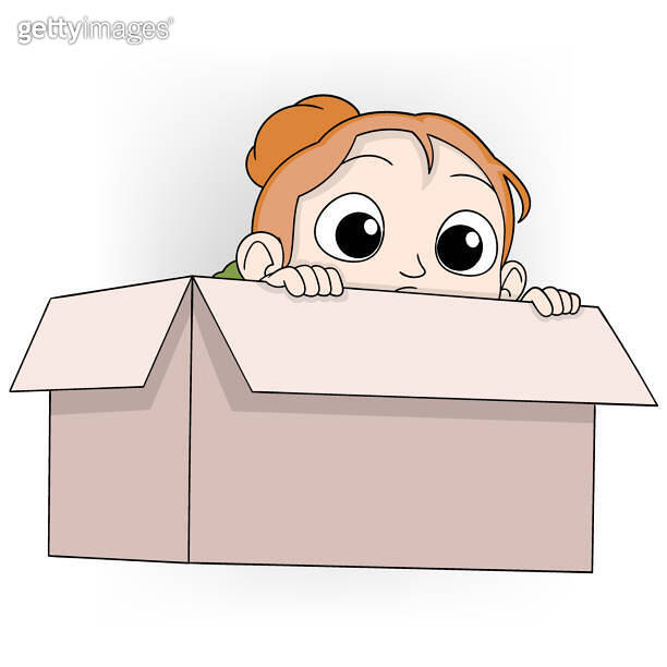 Cartoon Child with Brown Hair Playing Hide and Seek Inside a Cardboard ...