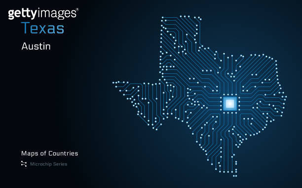 Texas State Map with a capital of Austin Shown in a Microchip Pattern ...