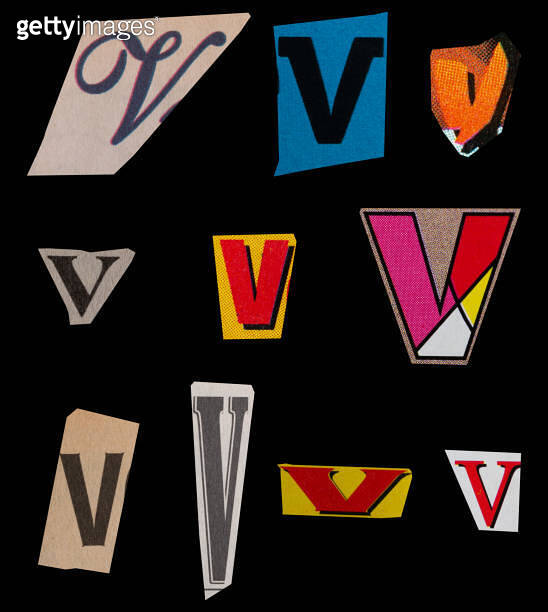 Ransom font type V from printout magazine cutout, collage element for ...