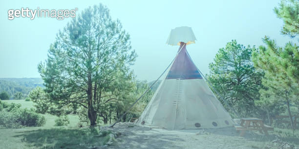 Tipi, Tee Pee, or Tepee in the pine tree forest meadow on a bright ...