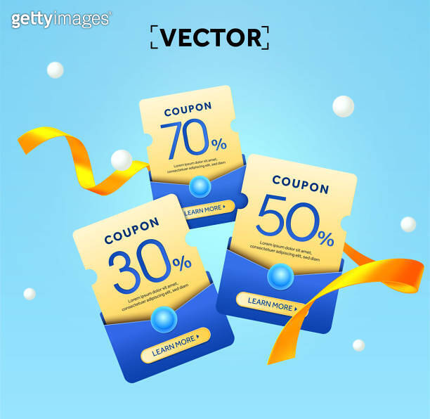 3d set of yellow coupon wrapped with an blue envelope, golden ribbons ...