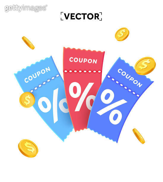 Pack of 3d coupons in different colors, with golden coins, isolated on ...