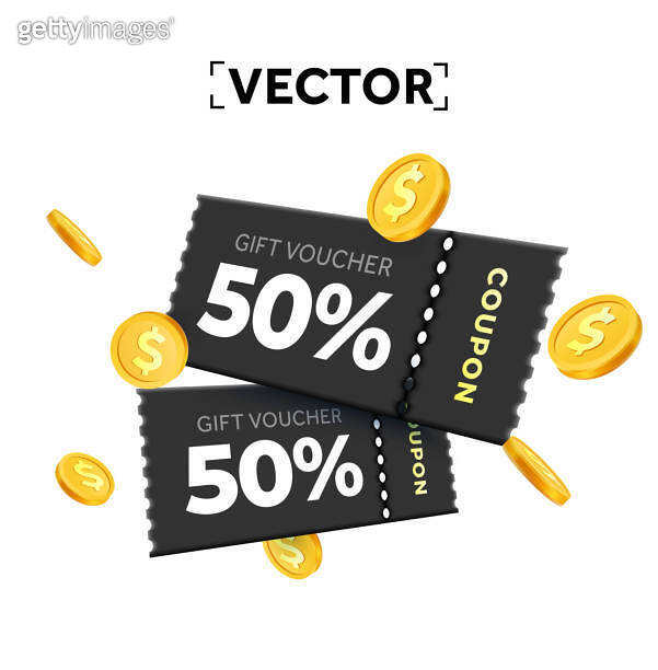 3d couple of premium black coupons with coupon code, golden coins ...