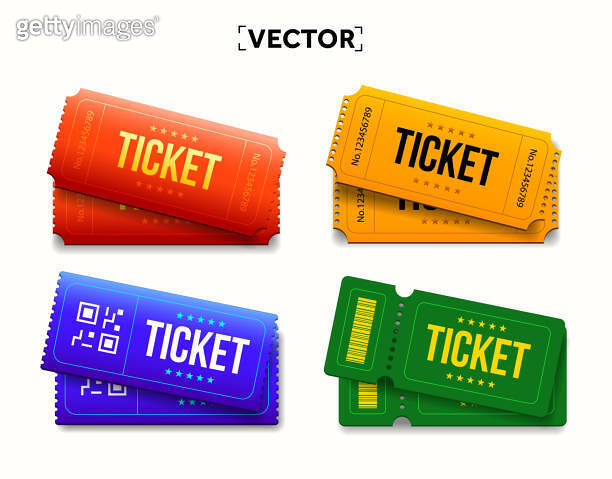 3d ticket template set in different color with QR code, bar code ...