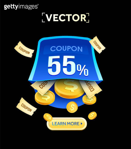 3d coupon as an envelope with golden coins and mini coupon coming out ...