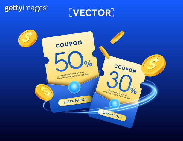 3d set of yellow coupon wrapped with an blue envelope, abstract wave ...