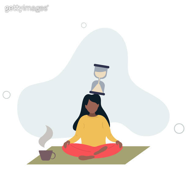 relax woman sitting with sandglass on her head practicing patience.flat ...