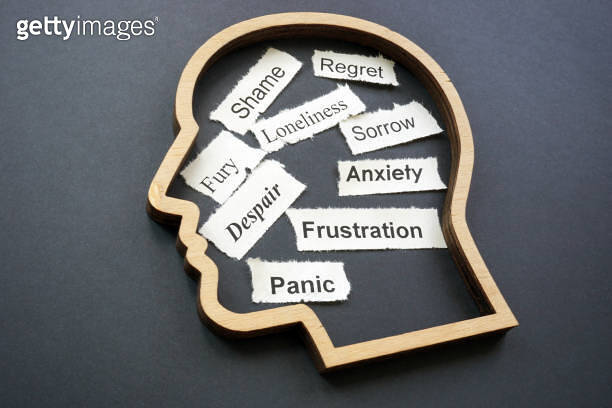 Pieces of paper with negative emotions in the head. Stress and ...