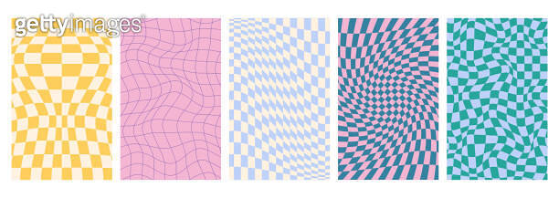 Psychedelic checkerboard posters with seamless geometric distorted ...