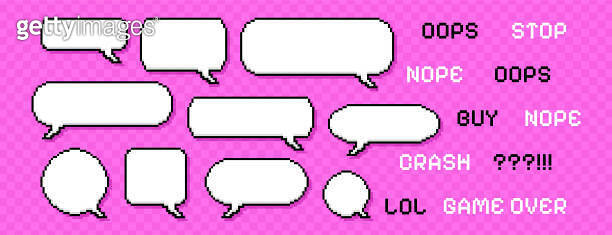 Pixel dialogue boxes, speech bubbles, empty message frames and retro game pixelated icons 이미지 ...