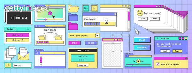 Retro computer screen interface with windows, folder, file and message ...