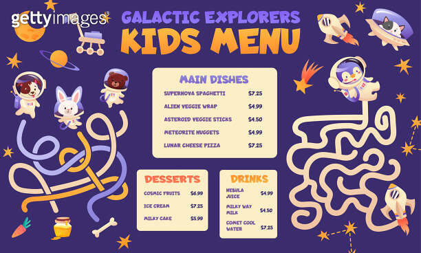 Kids menu with cute character animal in spacesuit, planets and rocket ...