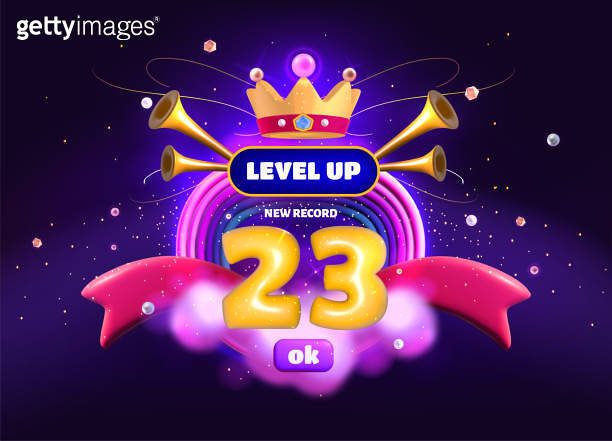 Level up game pop up banner with crown, ribbons and trumpets ...