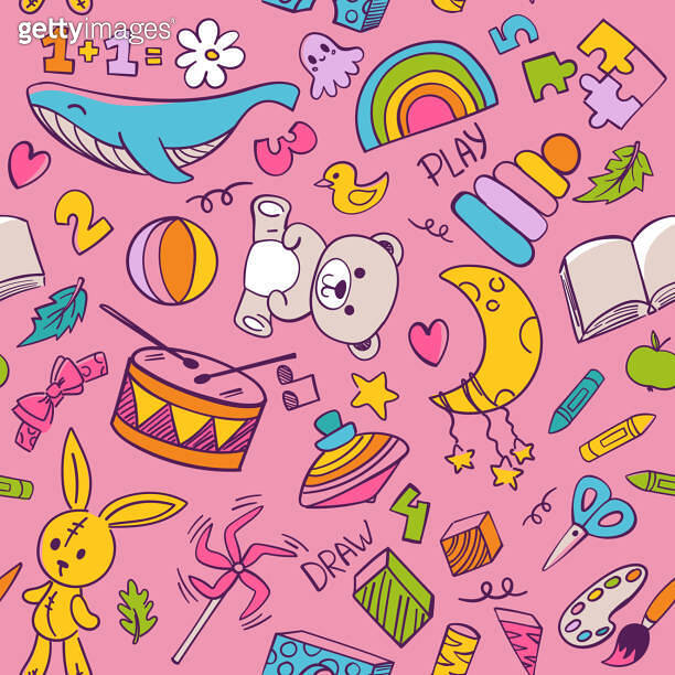Preschool kindergarten doodle seamless pattern. Educational toys, kids ...