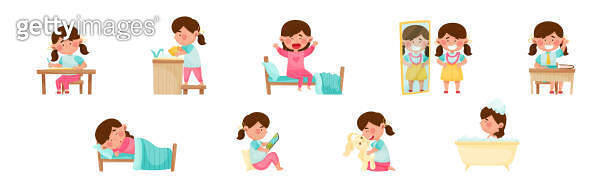 Cute Girl Character Engaged in Daily Routine and Different Activity ...