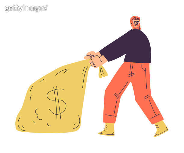 Man Criminal and Bandit Character with Beard Pull Money Sack Commit ...