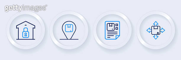 Set line Carton cardboard box, Waybill, Location with and Closed warehouse icon. Vector 이미지 ...