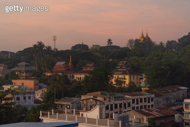 Aerial top view of Yangon urban city town, Myanmar or Burma. Tourist ...