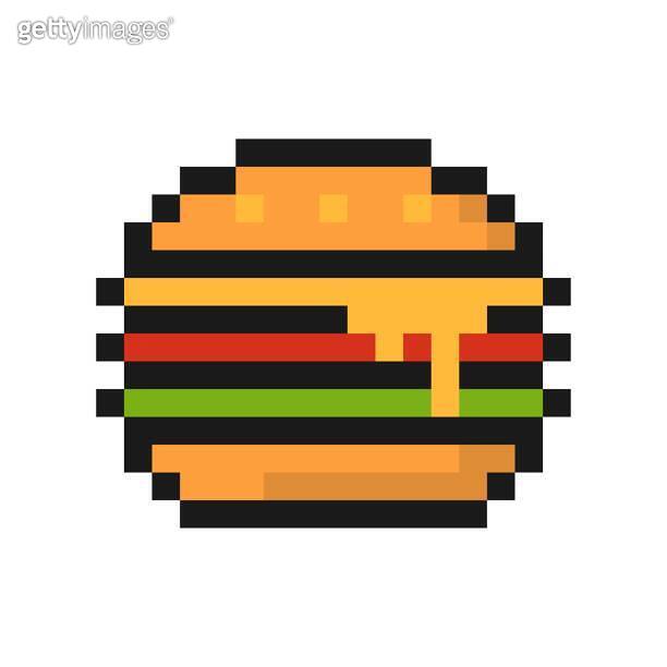Pixel hamburger icon. Colorful appetizing snack bread and beef bun ...