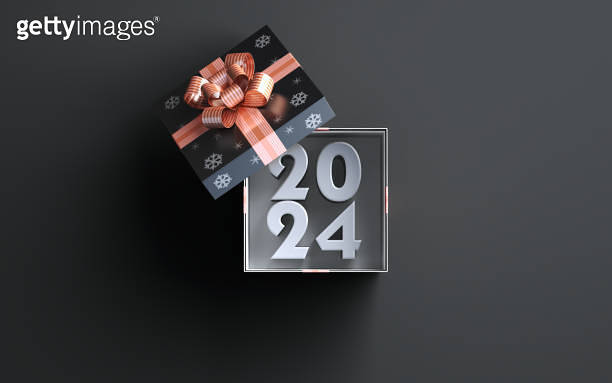 2024 New Year Coming Out of Purple Patterned Gift Box with Orange ...