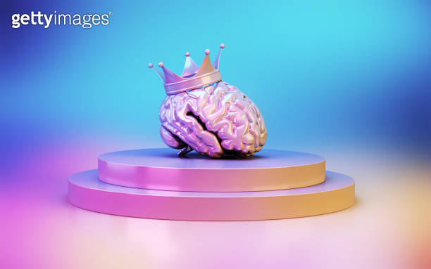 Metallic Human Brain with King Crown on Podium on Soft Blue Purple Pink ...