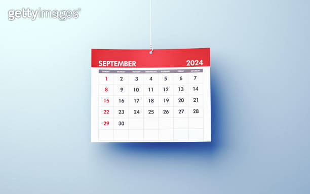 September 2024 Calendar Hanging on a Rope on a Blue Background 이미지 ...