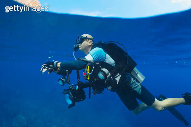 Portrait Man Scuba Diver Underwater videographer photographer scuba ...