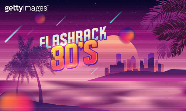 Futuristic retro landscape of the 80`s. Digital retro landscape cyber ...