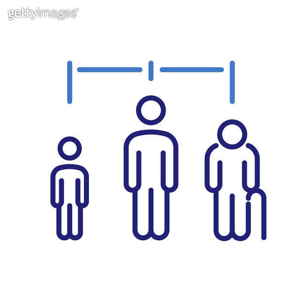 Life stages icon with child, adult, and elderly figures under measuring ...