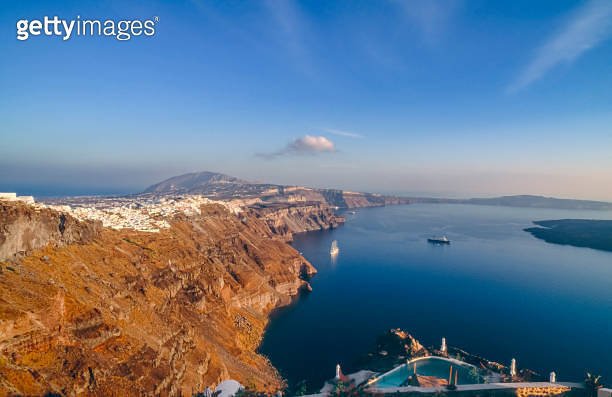 Swimming pool of a hotel or guesthouse on the crater rim of San Turin ...