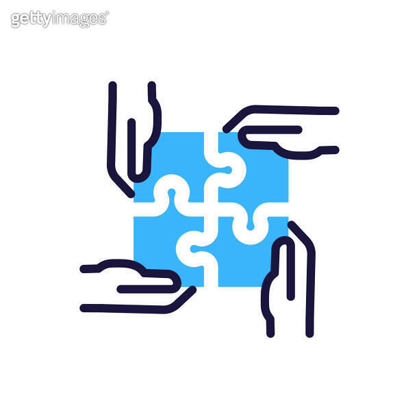 Teamwork icon with four hands assembling puzzle pieces into a complete ...