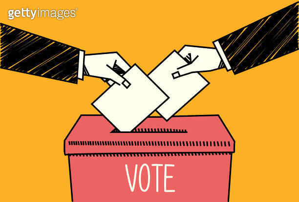 Voting process illustration with hands placing votes into a ballot box ...