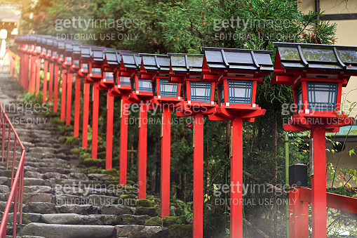Traditional light pole and Stone stair at Kifune shrine , Kyoto ...