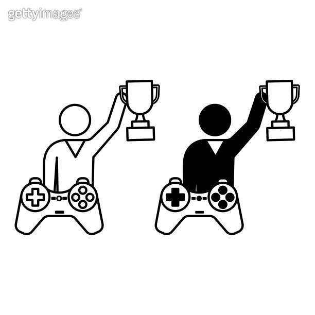 Winner icons. Black and White Vector Icons. Gamer Holds Winner Cup and ...