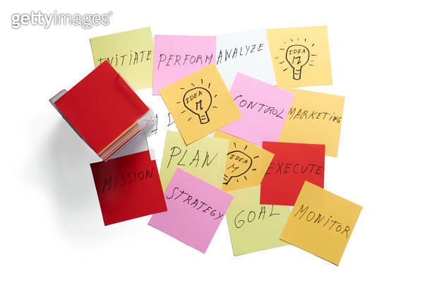 Brainstorming session with sticky notes on strategy and mission ...