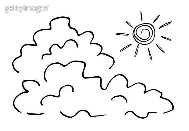 Simple black outline vector drawing. Cumulus clouds, sun, sky, seasonal ...
