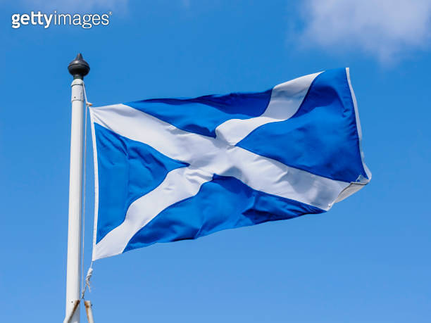 Scottish Saltire flag (St. Andrew's Cross) blowing in the wind ...