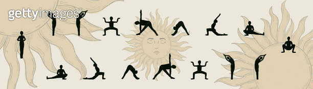 Yoga Asana, Surya Namaskar, a sequence. Human figure yoga poses. Simple ...