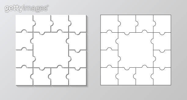Puzzle square grids solid and outline. Cutting template. Jigsaw pieces ...