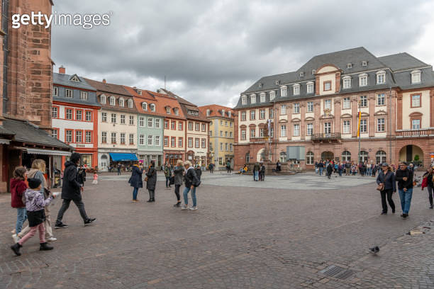 View on the grand place in Heidelberg, surrounded with beautiful old ...