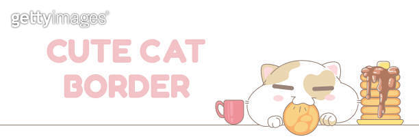 Fatty smiling white cat eating pancake. Vector border. Banner with copy ...